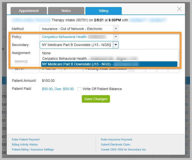 Update Payer per Billing Line Item – TherapyNotes