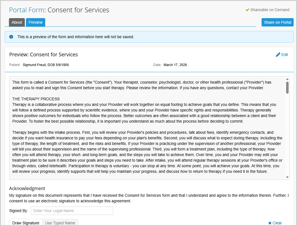 Customize and Share The Consent for Services Form – TherapyNotes